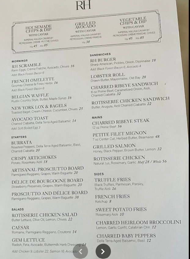 The Dining Room at RH Indianapolis Restaurant Menu & Prices