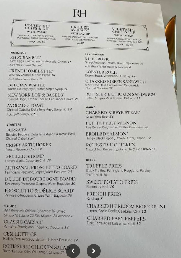 The Dining Room at RH Indianapolis Restaurant Menu & Prices